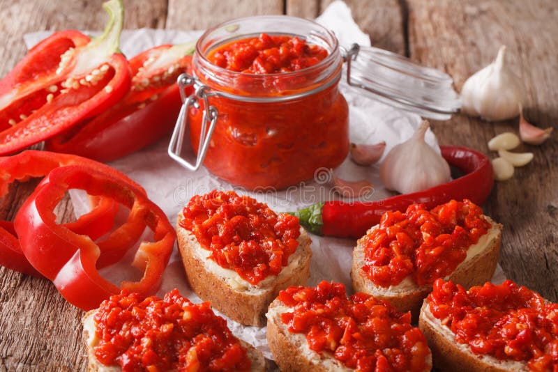 Appetizer Ajvar from Peppers with Garlic Close-up. Horizontal Stock ...