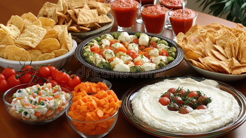Appetizer Buffet, Dips, Chips, Party, Indoors, Table, Food Stock Photo ...