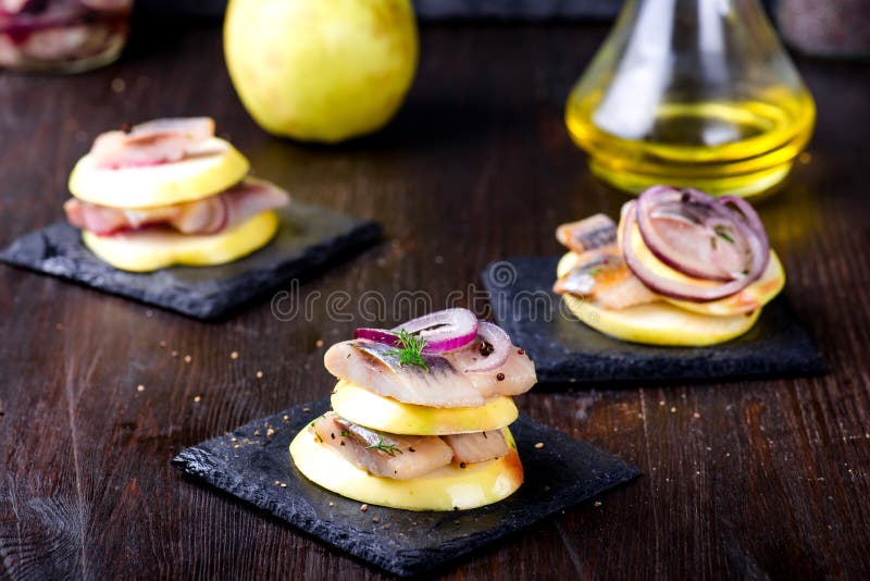 Appetizer Canape with Herring, Apples Stock Image - Image of eating ...