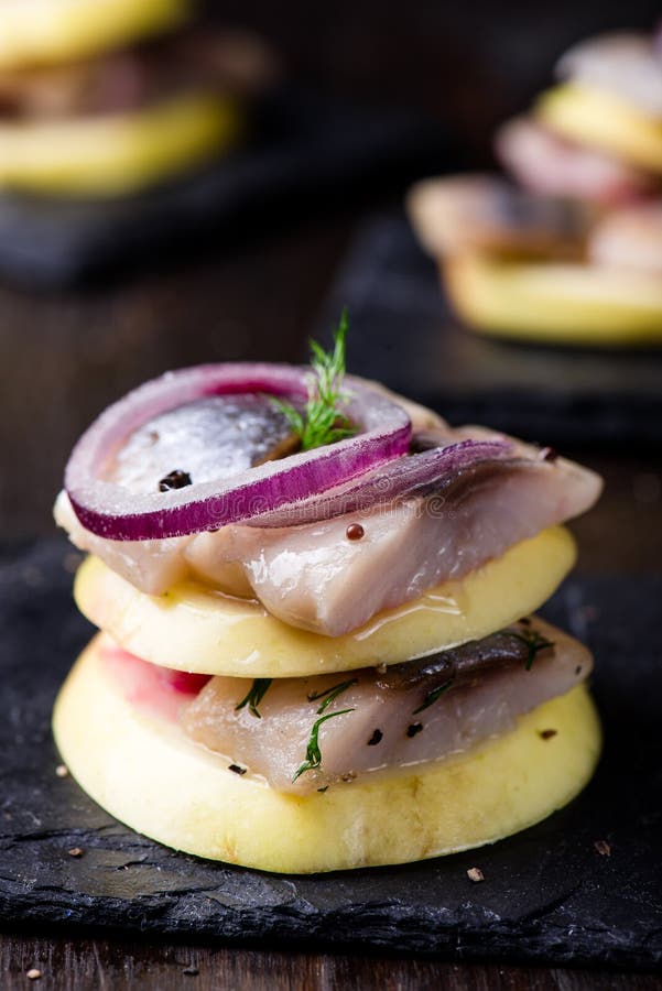 Appetizer Canape with Herring, Apples Stock Image - Image of cooking ...