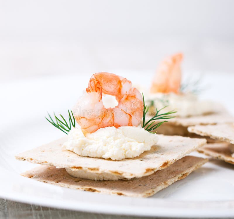 Appetizer Canape with Shrimp, Cheese and Dill on a Small Loaf of Bread ...