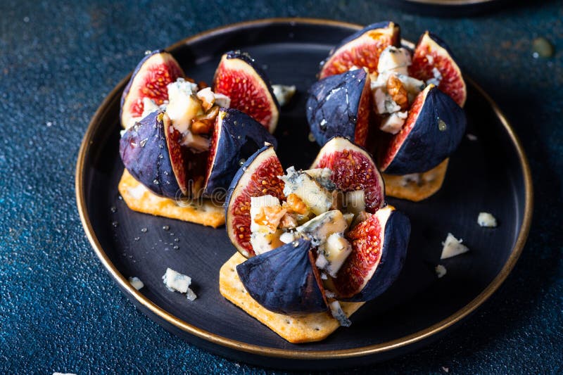 Appetizer with Figs and Blue Cheese. Salted Cracker. Cheese with Honey ...