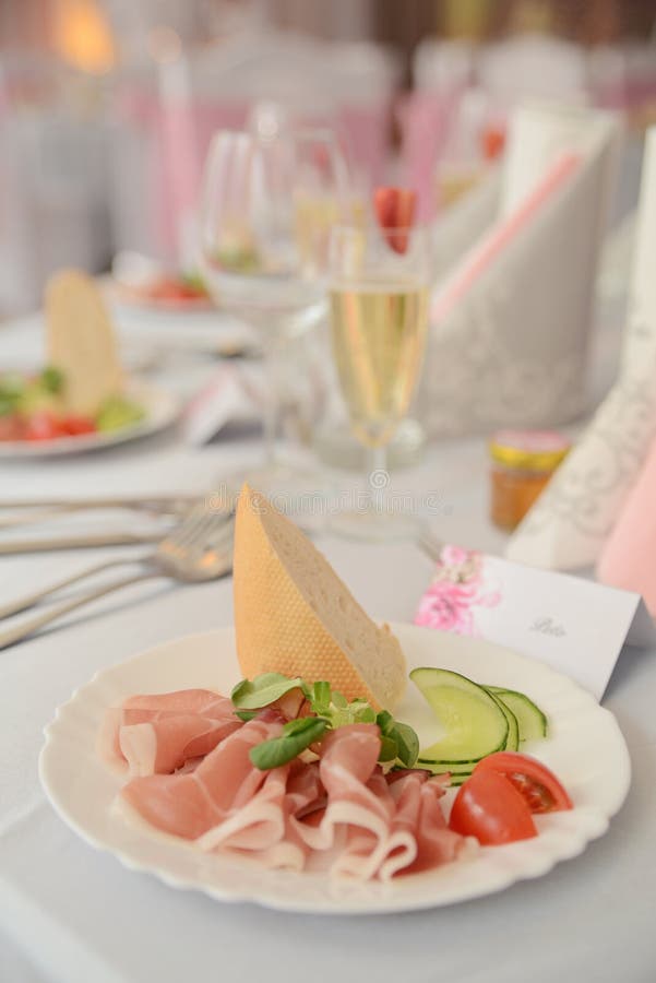 Appetizer a Ham and a Beautiful Table Setting at a Wedding Stock Photo ...