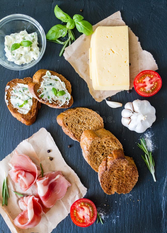 Appetizer ingredients stock image. Image of healthy, bread - 61982237