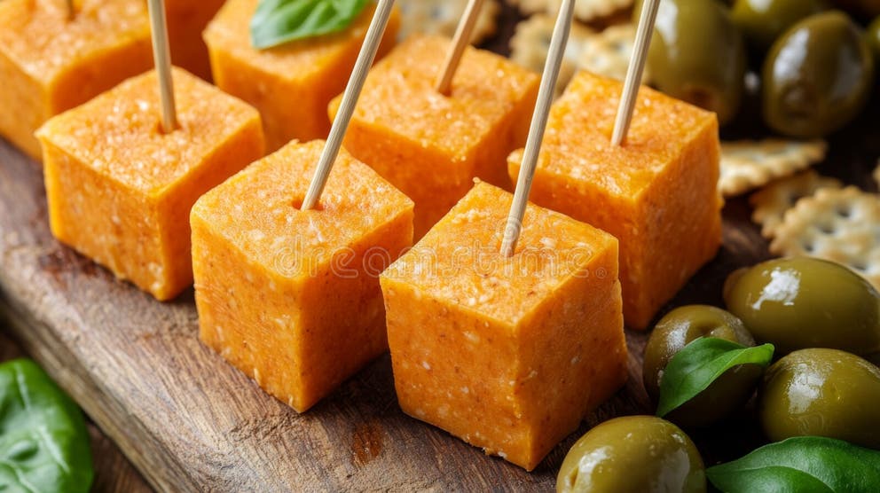 Appetizer Skewers with Cheese Cubes, Olives, and Crackers Stock ...