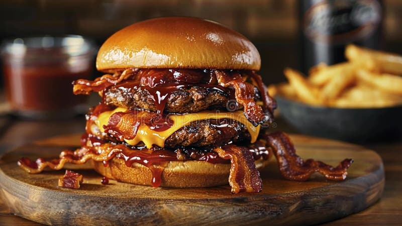 A Piled High Bacon Cheeseburger with Barbecue Sauce Served Alongside ...