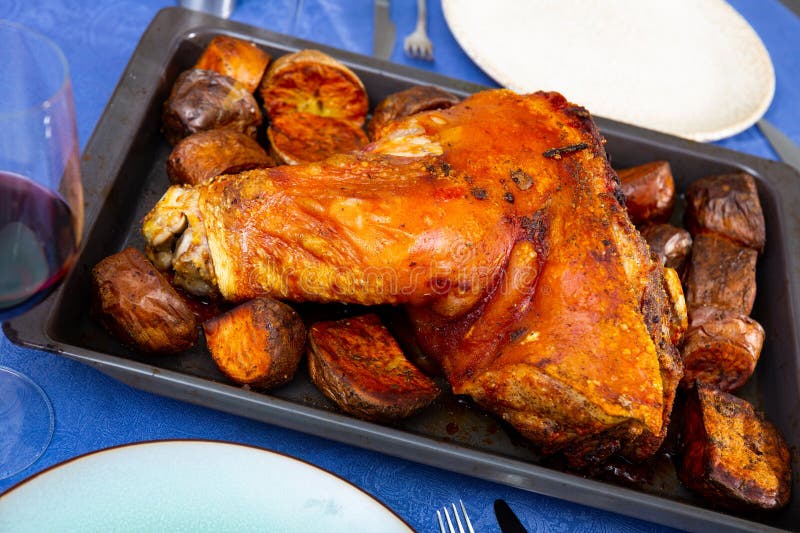 Appetizing Baked Pork Ham Potatoes Served Baking Sheet Stock Photos ...