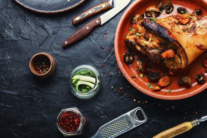 Appetizing baked pork leg stock photo. Image of shank - 256893332