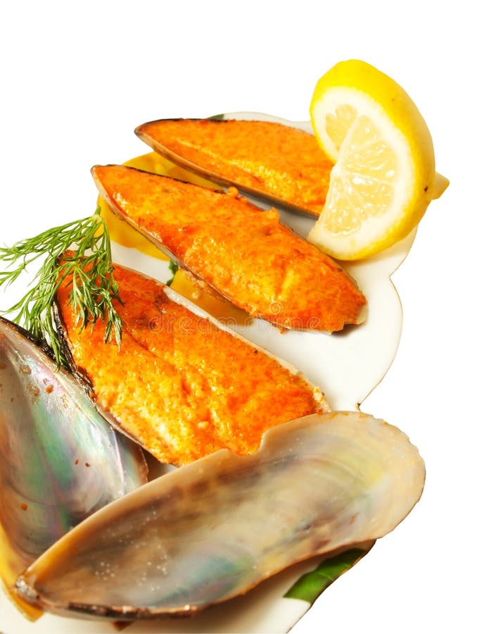 Appetizing Baking Mussels Under Roe Isolated Stock Photo - Image of ...