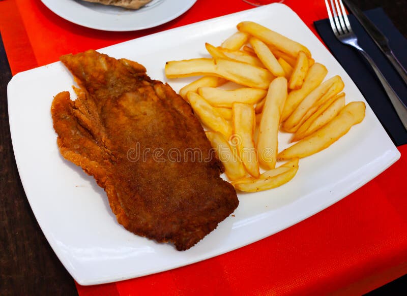 Appetizing Breaded Beef Served with Fried Potato Stock Photo - Image of ...