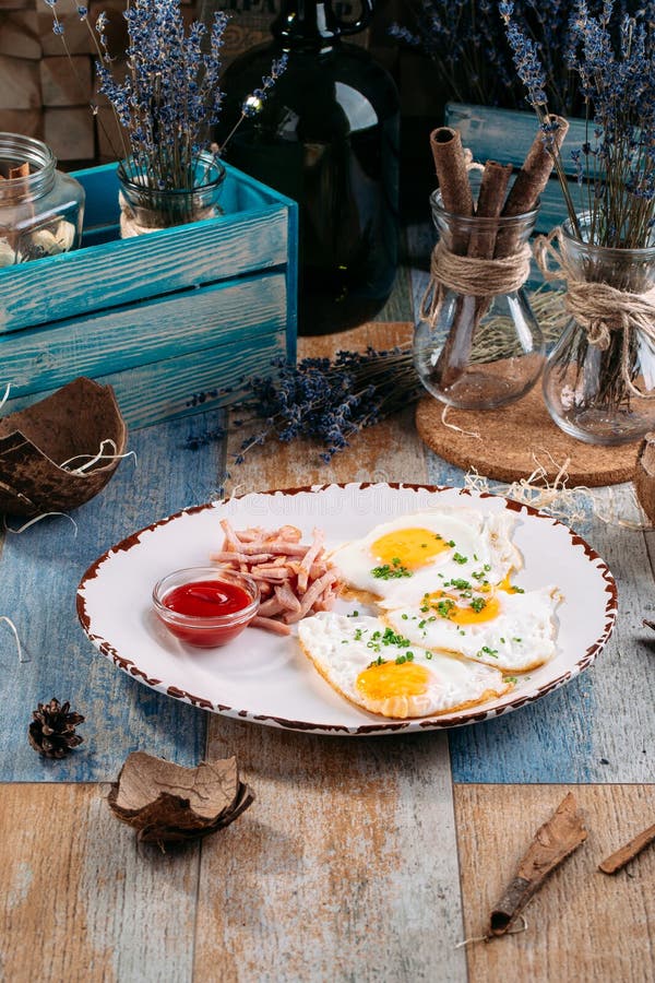 Appetizing Breakfast Fried Eggs with Ketchup Stock Image - Image of ...