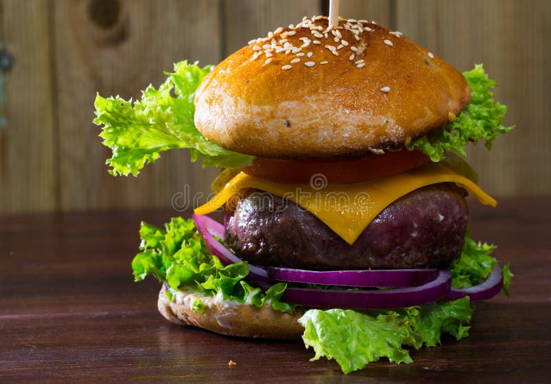Appetizing Burger with Big Fried Meat Rissole Stock Photo - Image of ...