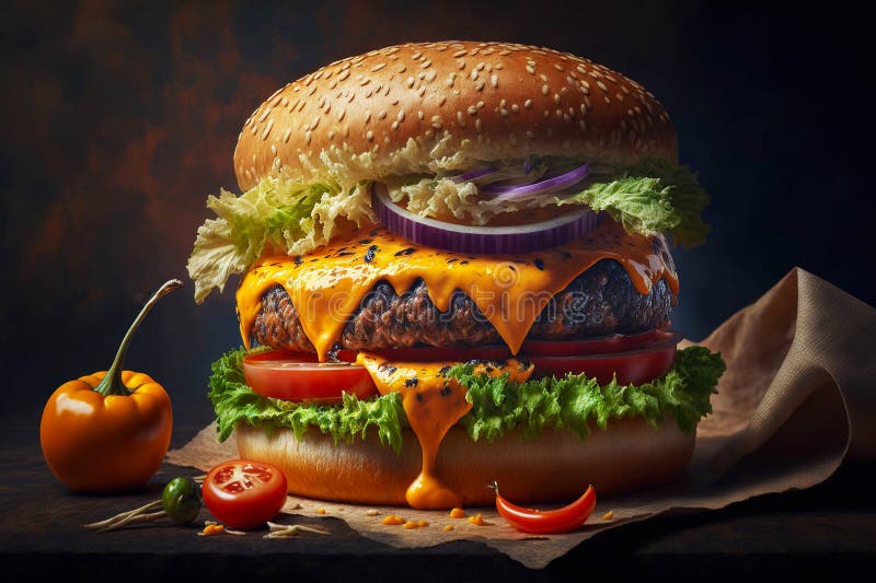 Appetizing Burger with Soft Cheese Dripping Down Juicy Beef Burger and ...