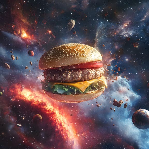 Appetizing Cheeseburger Flying in Outer Space. Space Hamburger Stock ...