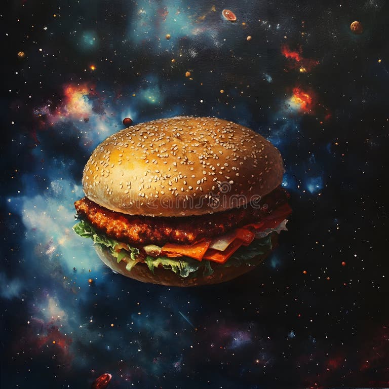 Appetizing Cheeseburger Flying in Outer Space. Space Hamburger Stock ...