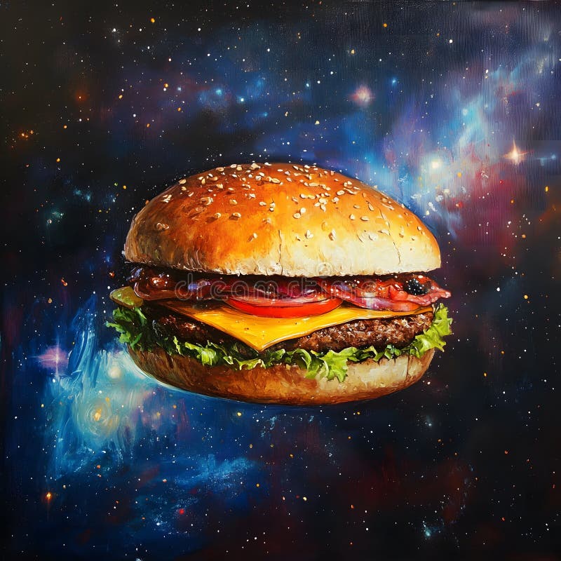 Appetizing Cheeseburger Flying in Outer Space. Space Hamburger Stock ...