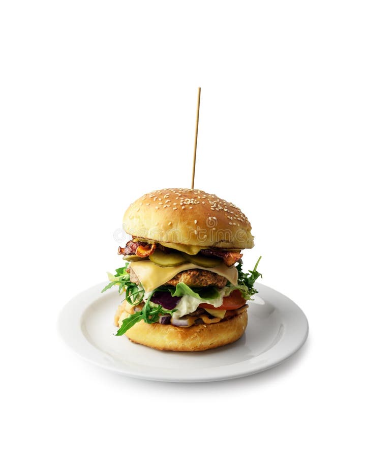 Appetizing Cheeseburger on Plate Isolated on White Stock Photo - Image ...