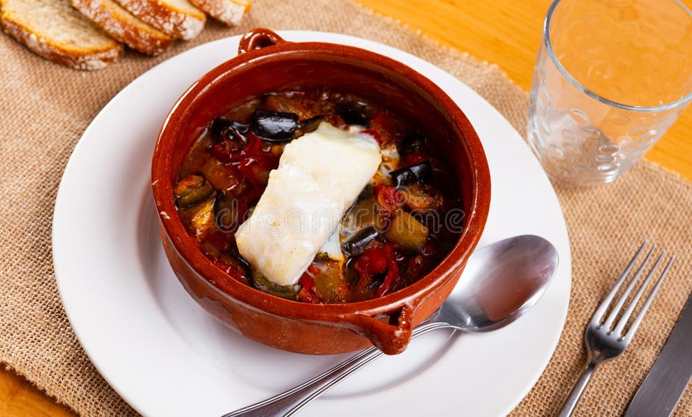 Appetizing Cod Served with Samfaina Vegetables Stock Image - Image of ...