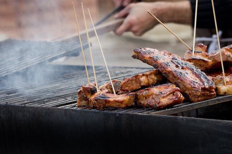 Appetizing Delicious Fried Meat on a Barbecue Grill Outdoors. Stock ...