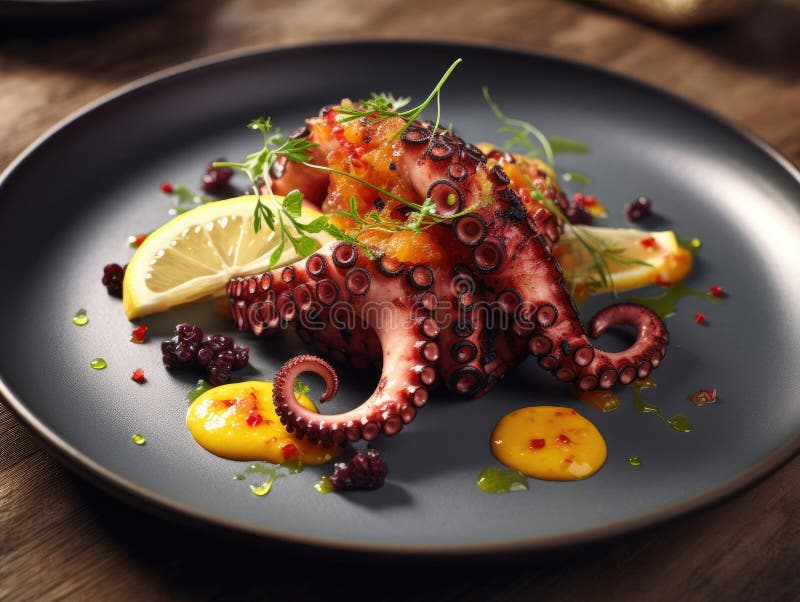Dish with grilled octopus stock illustration. Illustration of octopus ...