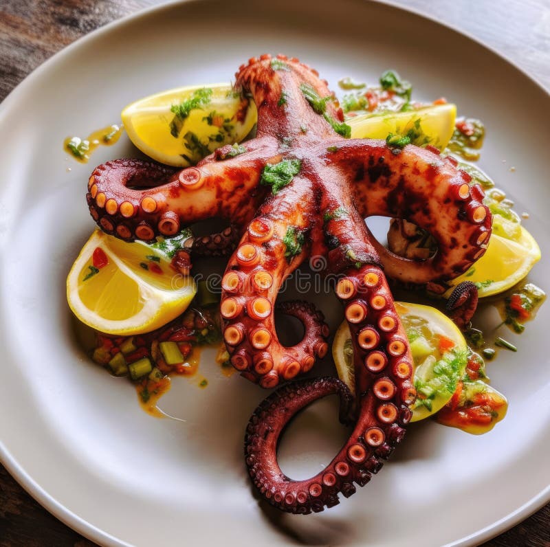 Dish with grilled octopus stock illustration. Illustration of octopus ...