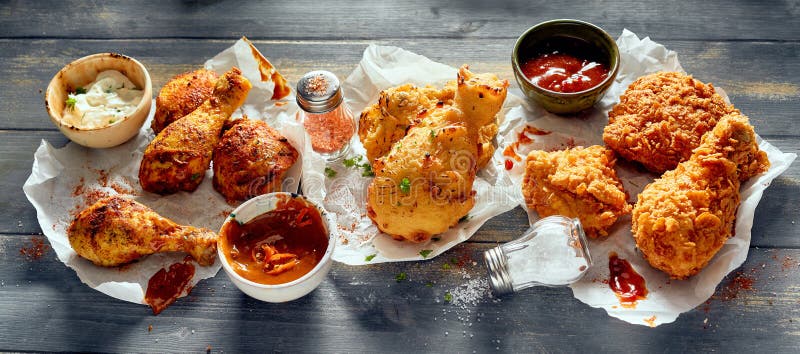 Appetizing Fried Chicken with Sauces Served on Tissues Stock Photo ...