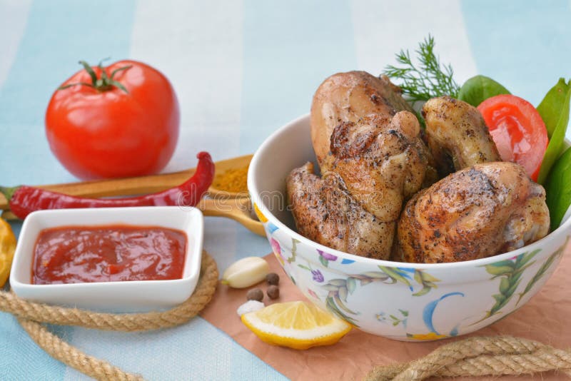 Appetizing Fried Chicken with Tomato Sauce and Spices Stock Image ...