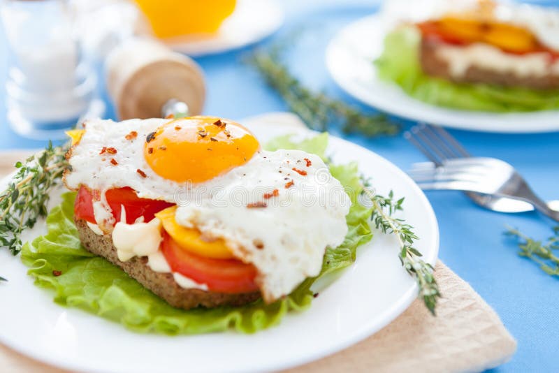 Appetizing Fried Eggs on Toast with Vegetables Stock Image - Image of ...