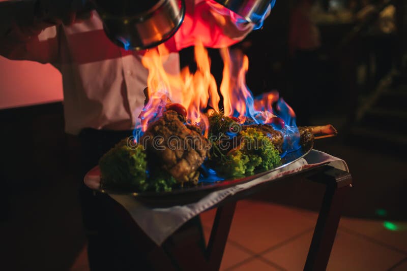 Appetizing Grilled Meat on Fire Close-up. Beautiful Presentation of the ...