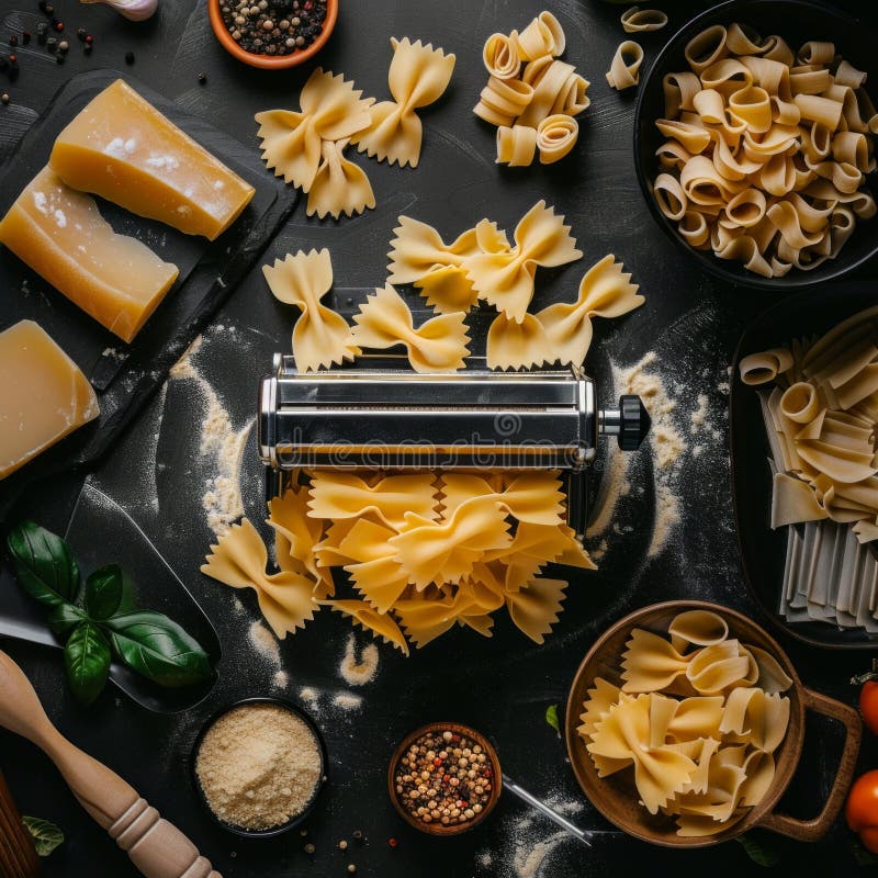 Delicious Pasta Making with Bowtie Pasta on a Dark Kitchen Table. Fresh ...