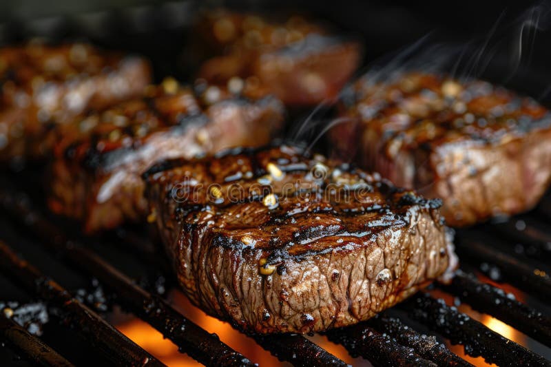 Appetizing Juicy Grilled Steak on Fire Stock Photo - Image of barbecue ...