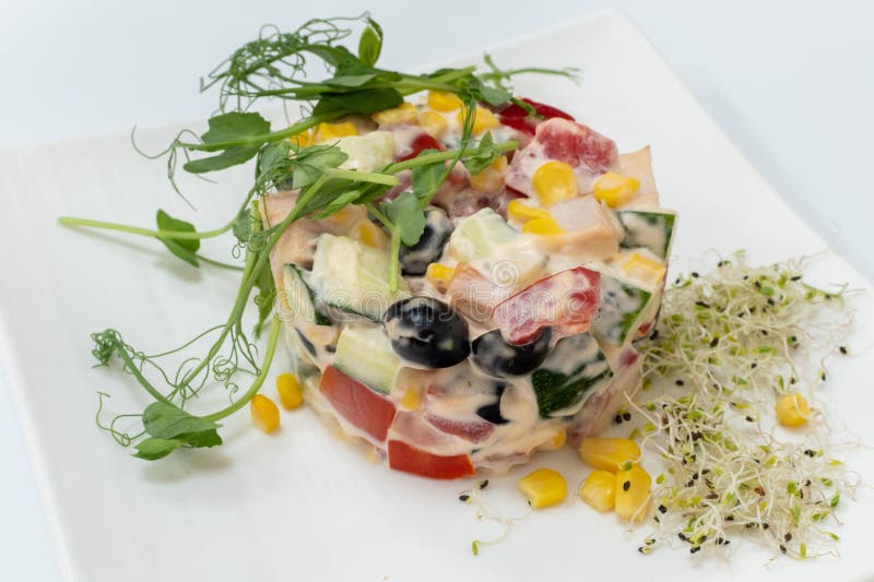 Appetizing Light Salad of Vegetables and Chicken Pieces with Herbs on ...