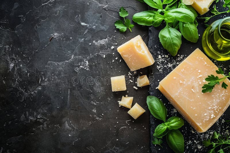 Appetizing Parmesan Cheese Diced on a Slate Board, Top View, Empty ...