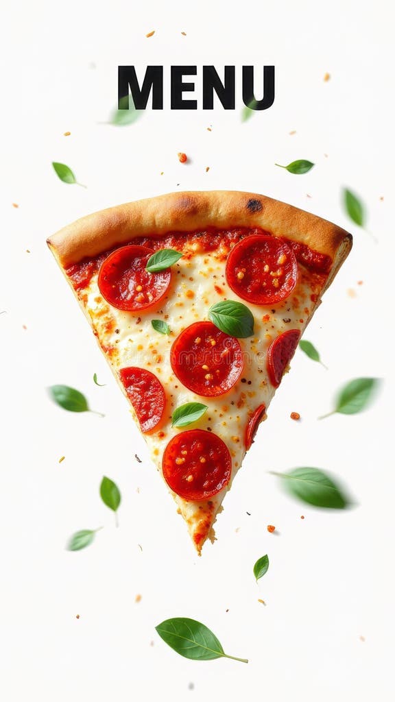 Appetizing Pepperoni Pizza Slice with Fresh Basil and Cheese on Menu ...