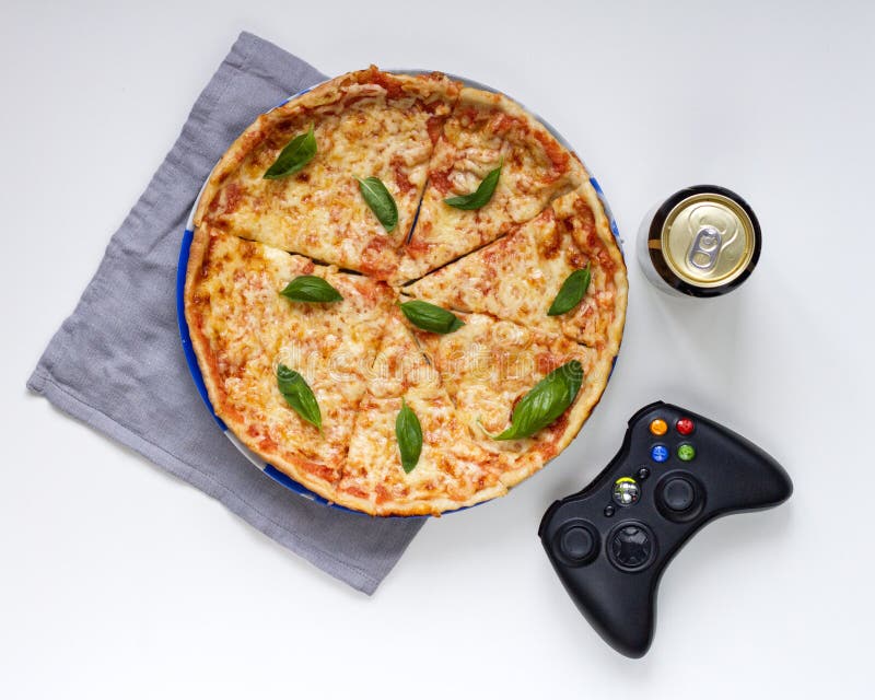 Appetizing Pizza Margarita, a Can and a Game Joystick Stock Image ...