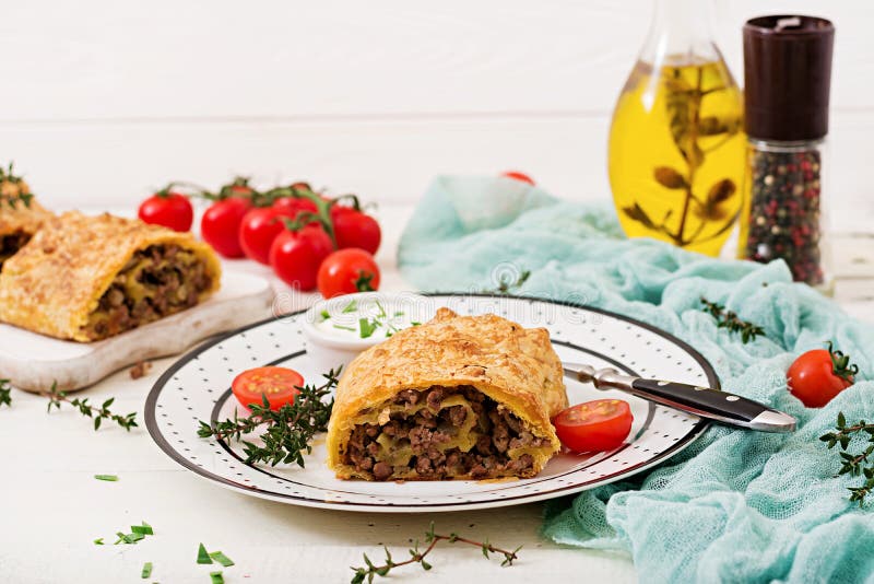 Appetizing Strudel with Minced Beef Stock Photo - Image of breakfast ...