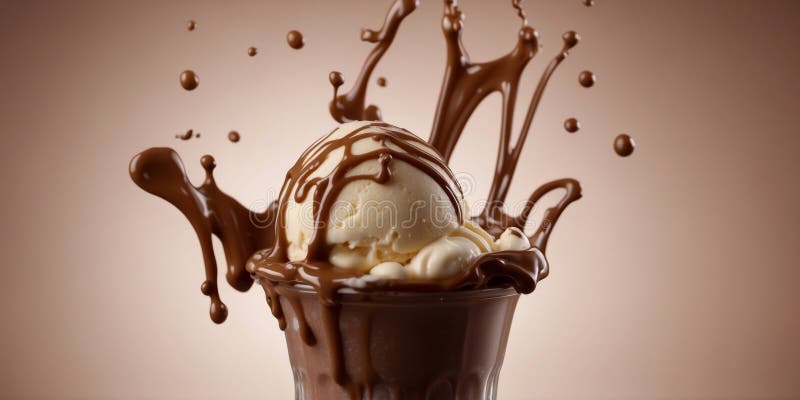 Appetizing Vanilla Ice Cream with Melted Chocolate Falling on it with a ...