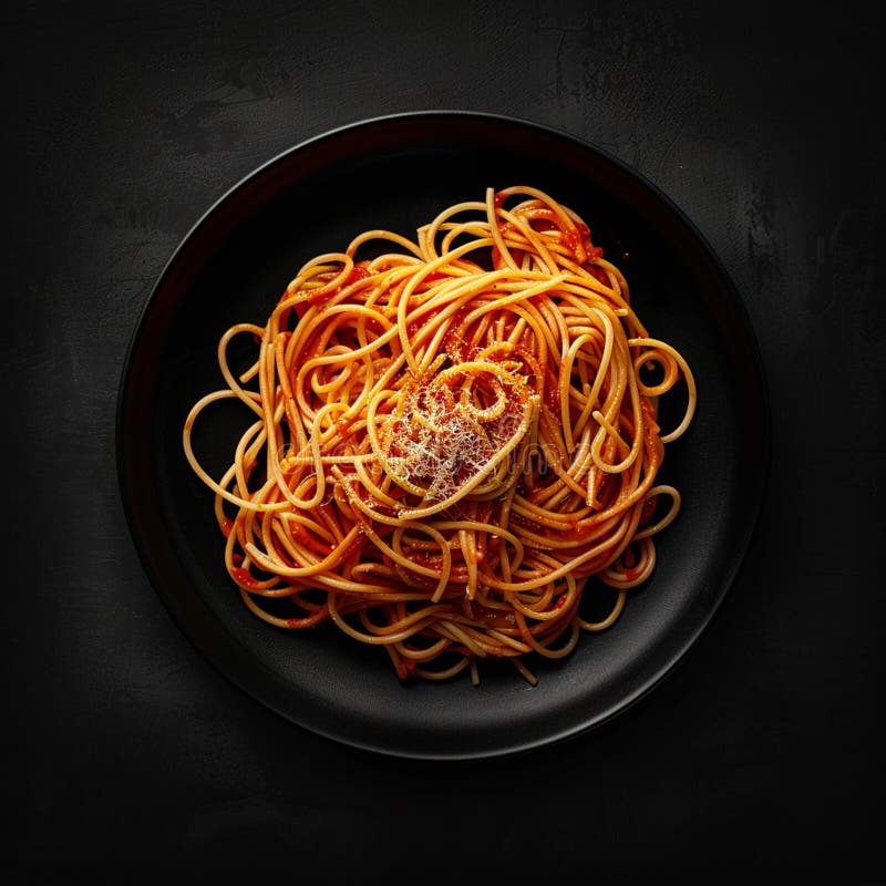 Luxurious Italian Spaghetti on Dark Plate with Black Background Stock ...