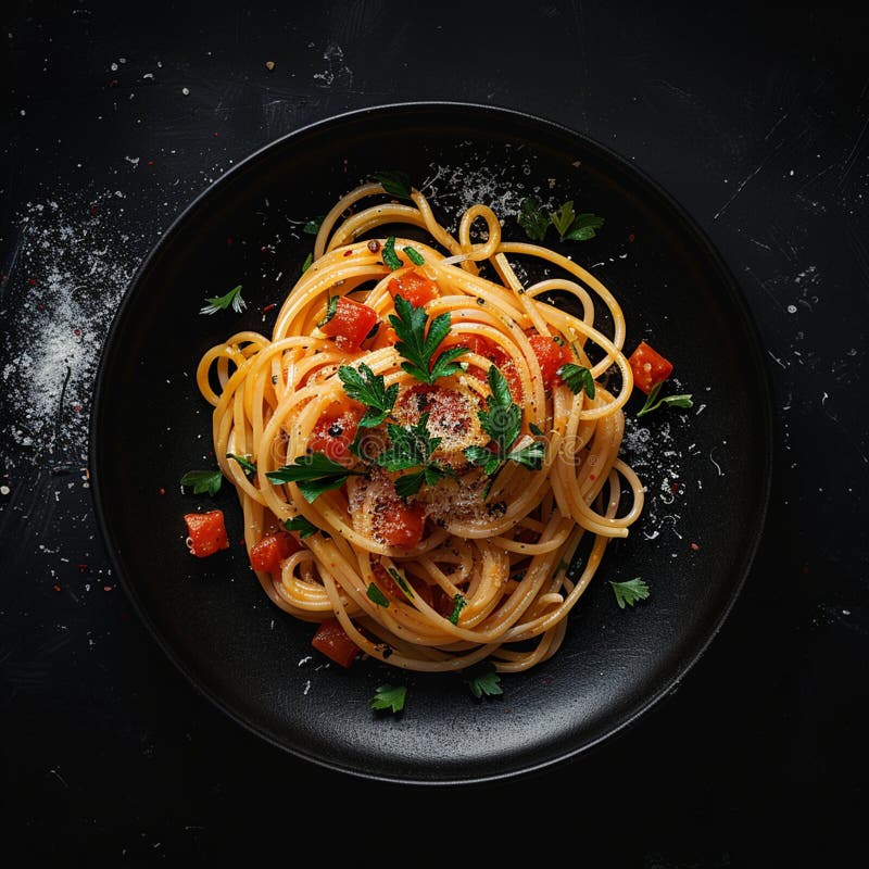 Gourmet Italian Spaghetti Presentation on Dark Plate with Black ...