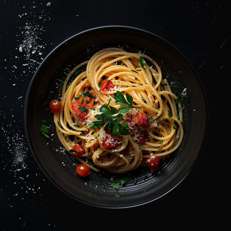 Gourmet Italian Spaghetti on Dark Plate with Black Background Stock ...
