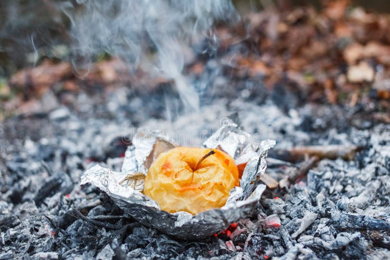Apple Baked on Coals in the Evening Stock Photo - Image of kitchen ...