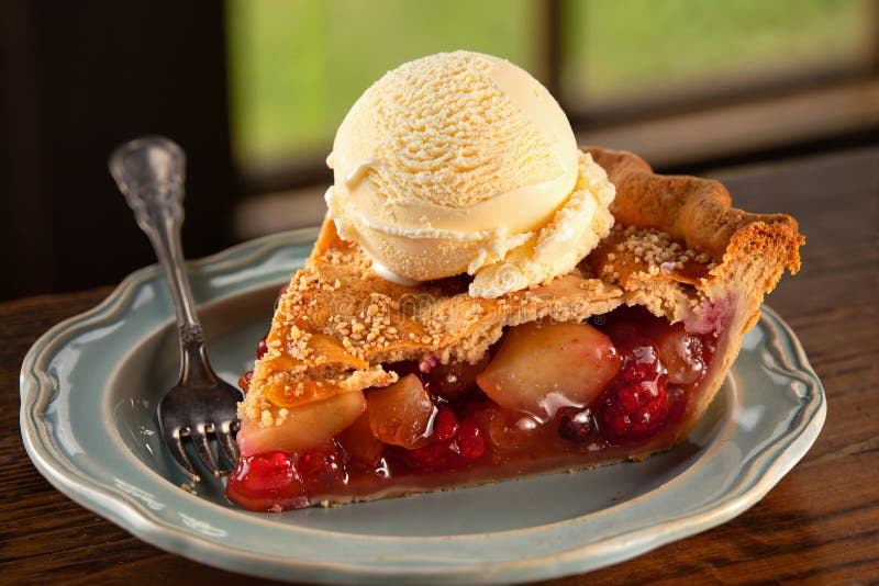 Apple Berry Pie with Ice Cream on Rustic Table Stock Image - Image of ...