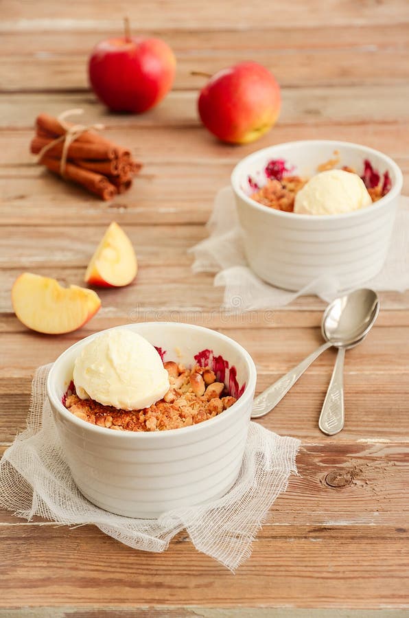 Apple and Blackcurrant Crumble with Ice Cream Stock Photo - Image of ...