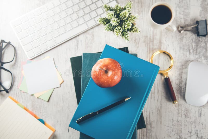Apple on Book with Computer on Desk Stock Photo - Image of desk ...