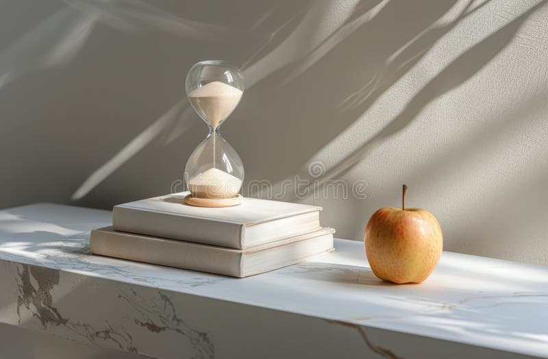 Apple on Book by Hourglass stock image. Image of symbolical - 318126849