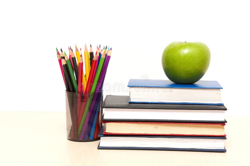 Apple, Books and Colored Pencil Stock Image - Image of blackboard ...