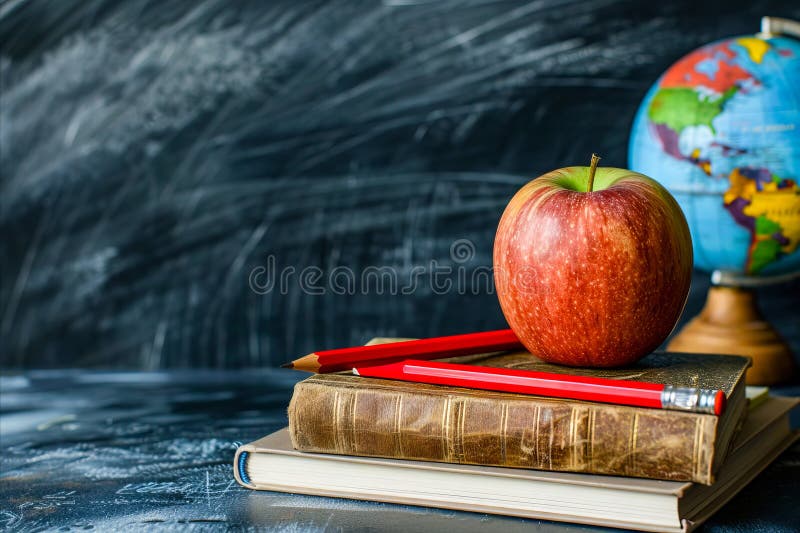 An Apple and Books on a Desk with a Globe Stock Photo - Image of apple ...