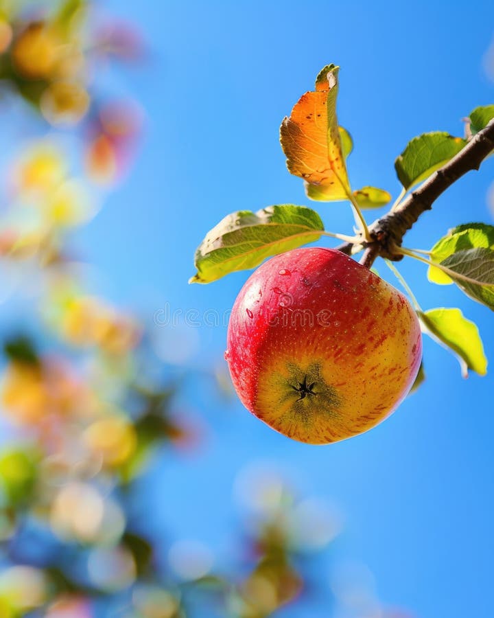 Apple on a Branch with a Blue Sky Background Stock Photo - Image of ...