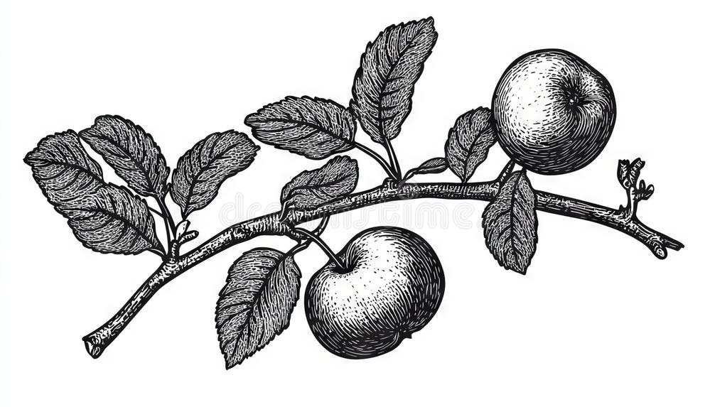 An Apple Branch Engraving, Isolated on a White Backdrop Stock Photo ...