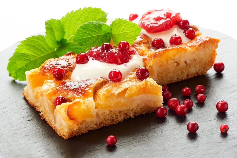 Apple Cake with Cream, Jam and Forest Berries Stock Photo - Image of ...